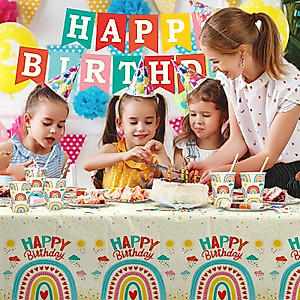 Retro Rainbow Themed Happy Birthday Party Supplies Set - Vibrant Disposable Paper Plates, Cups, Napkins, Tablecloth & Birthday Banner - Fun & Colorful Design for Boys/Girls - For 25 Guests