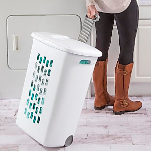 Wheeled Laundry Hamper White with Retractable Handle Large Portable Rolling Laundry Basket With Lid For Dirty Clothes - Made In USA