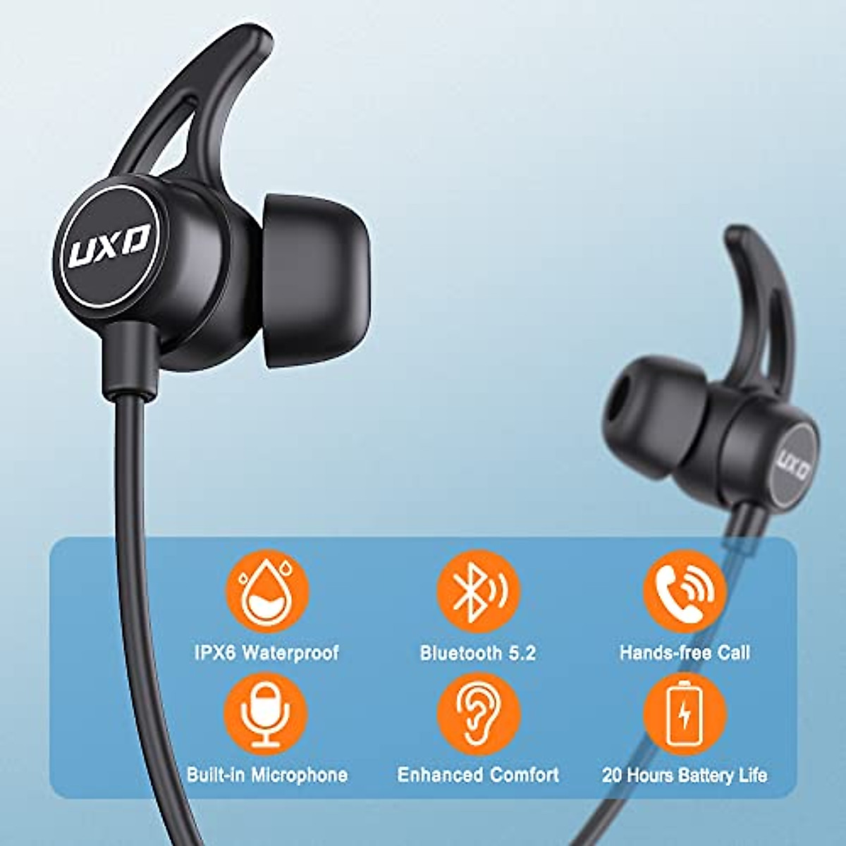 UXD Bluetooth Headphones, IPX6 Sweatproof in Ear Headphones with Magnetic Earbuds and Microphone, 24 Hours Playtime Wireless Headphones for Gym Running Outdoor Sports Workout