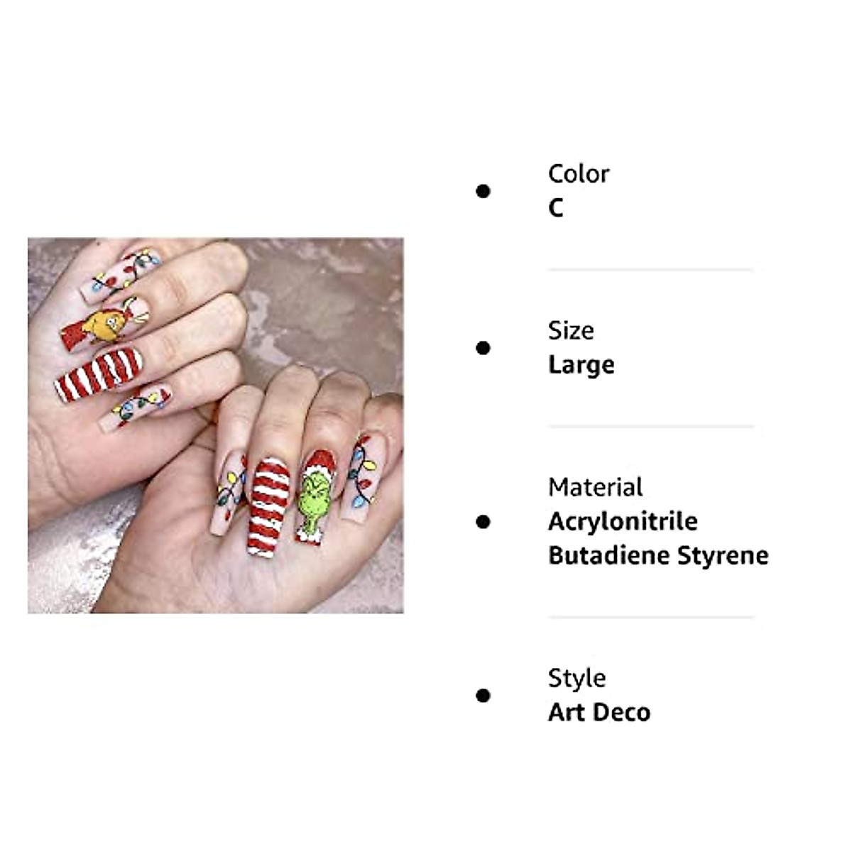 24Pcs Christmas Press on Nails Long Fake Nails Acrylic Ballet Nail Christmas Coffin Nail Full Cover Nail Grinch Design Artificial Cartoon Nails for Women and Girls