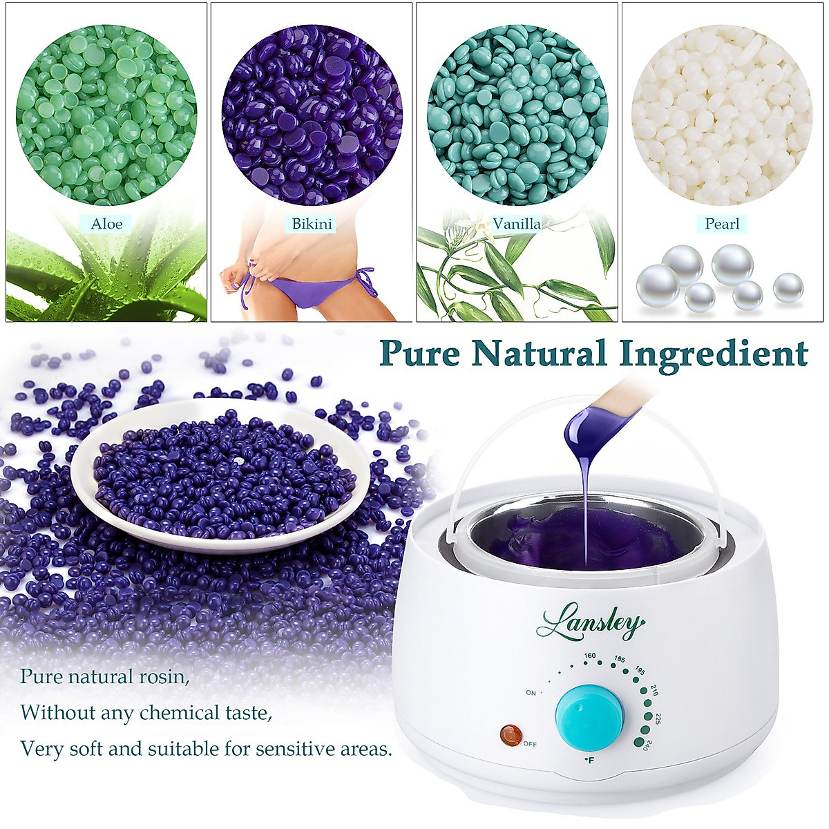 Lansley Wax Warmer Hair Removal Home Waxing Kit Electric Pot Heater for Rapid Waxing of All Body, Face, Bikini Area, Legs with 4 Flavor Hard Wax Beans & 10 Wax Applicator Spatulas(At-home Waxing)