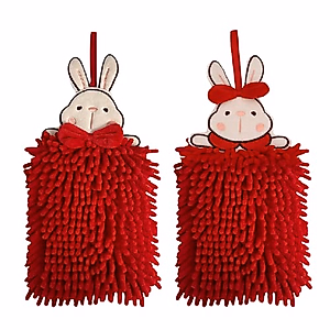 NUFR 2 Pack Cute Rabbit Red Chenille Hanging Hand Towel with Loop for Kitchen Bathroom, Absorbent Small Hand Drying Cloth