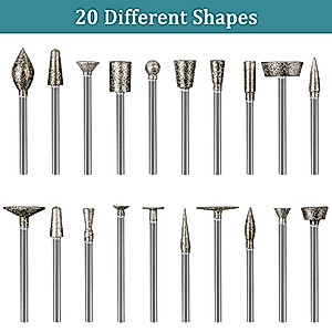 Stone Carving Set Diamond Burr Bits Compatible with Dremel, 20PCS Polishing Kits Rotary Tools Accessories with 1/8’ Shank For Carving, Engraving, Grinding, Stone, Rocks, Jewelry, Glass, Ceramics