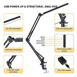 TROPICALTREE LED Desk Lamp, Swing arm Desk Light with clamp, 3 Lighting 10 Brightness Eye-Caring Modes, Reading Desk Lamps for Home Office 360 Degree Spin with USB Adapter & Memory Function black-14W