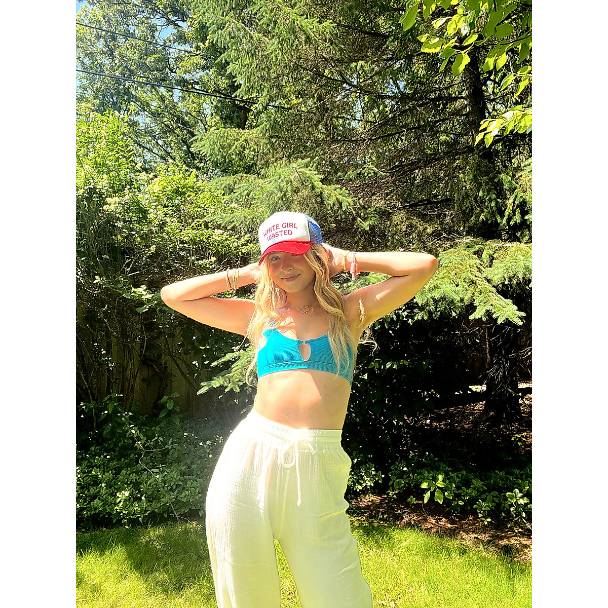 Funky Junque Bridal Snapback Trucker Hat - White Girl Wasted (White/red/Blue)