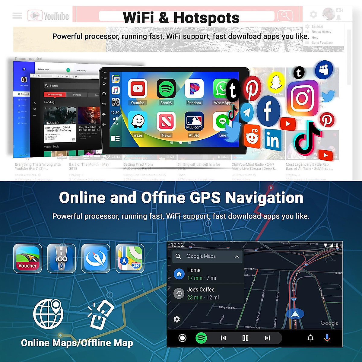 2+64GB Android 13 Double Din Car Stereo Wireless Apple Carplay Android Auto 9 Inch Bluetooth Touchscreen Car Radio in Dash GPS Navigation HiFi WiFi FM Mic Backup Camera