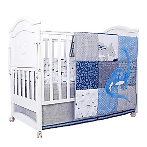 Little Grape Land 3 Piece Baby Crib Bedding Set, Dinosaur Standard Size Crib Set, Nursery Bedding for Boys, Crib Sheet, Comforter, Crib Skirt, 28" x 52", Blue/Grey