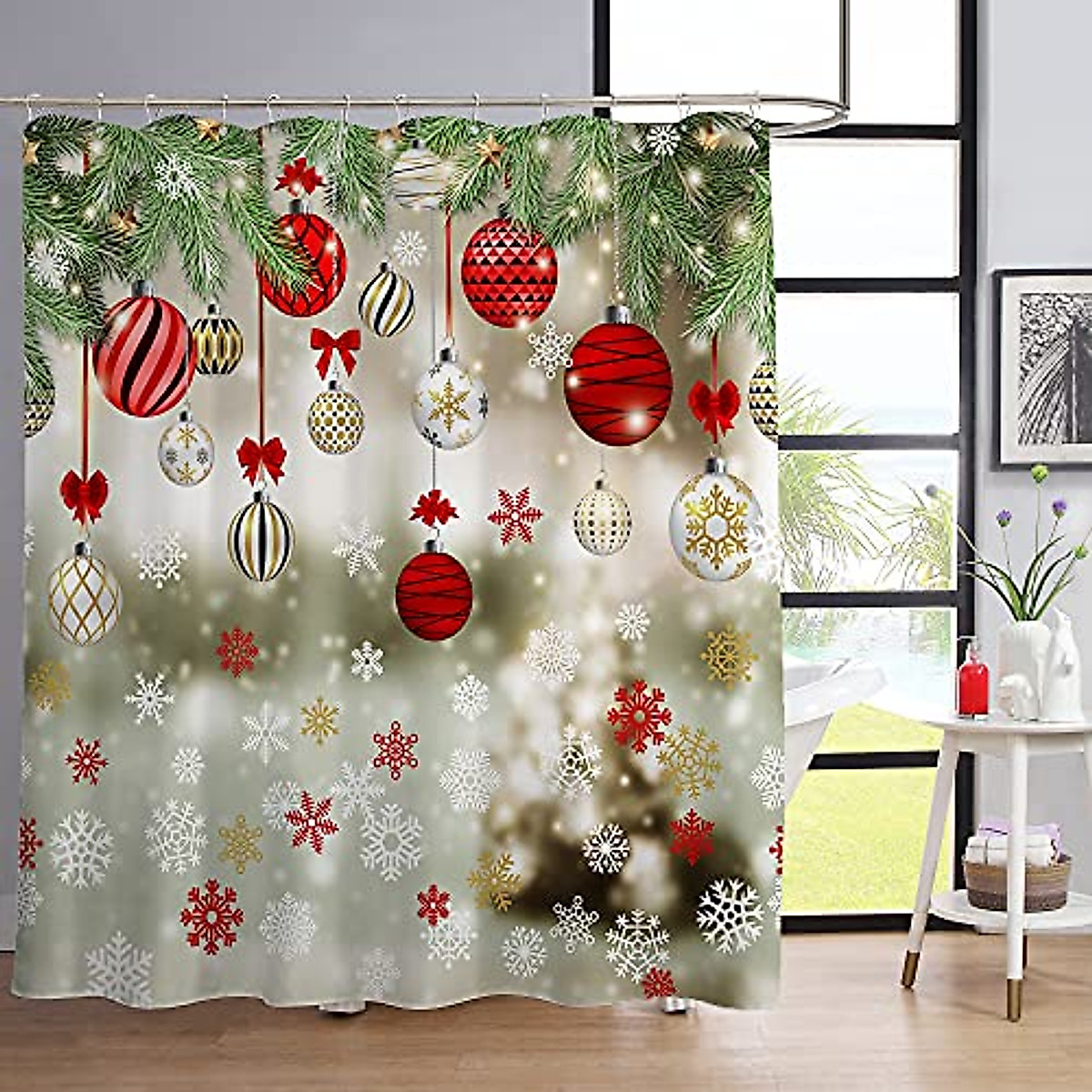ArtSocket 4 Pcs Shower Curtain Set Colorful Christmas Balls Snowflakes with Non-Slip Rugs Toilet Lid Cover and Bath Mat Bathroom Decor Set 72" x 72"