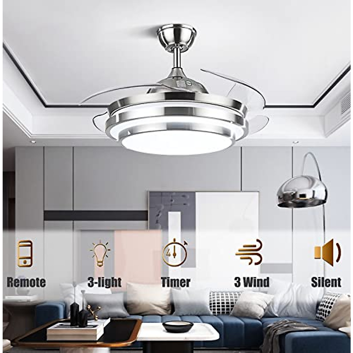 Fandian 42" Modern Ceiling Light with Fans Remote Control, 4 Retractable Blades with 3 Light Color Change Ceiling Fan for Living Bedroom Restaurant, Silver Color with Silent Motor (42In-1)