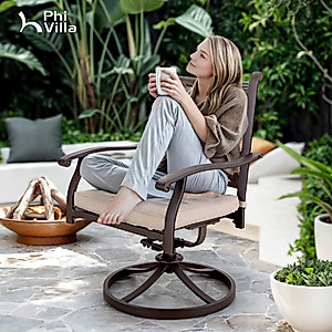 PHI VILLA Cast Aluminum Patio Dining Set for 6 Person, 7 Piece Outdoor Patio Set with 63" x 37.4" Cast-Top Aluminum Table(2.3" Umbrella Hole) and 6 Swivel Rockers Dining Chairs with Cushions