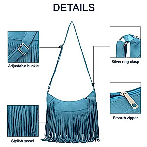 Vintage Tassel Crossbody Bag Premium Vegan Suede Saddle Purse Fringe Shoulder Bag for Women Girls (Turquoise)