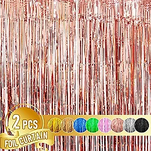 Dazzle Bright Backdrop Curtain, 3FT x 8FT Metallic Tinsel Foil Fringe Curtains Photo Booth Background for Baby Shower Party Birthday Wedding Engagement Bridal Shower (2, Rose Gold)