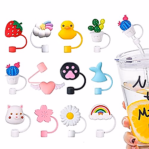 12 Pack Reusable Silicone Straw Tips Cover for 6 to 8 mm Straws, Portable Cute Straw Caps Covers Creative Straw Plug Drinking Dust Cap for Home Kitchen Accessories…
