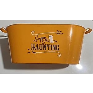 Happy Haunting Orange Oval Bucket with Handle Sentiment Plastic Buckets Handles Gifts Gift Baskets Storage Organizer Containers Party Favor Halloween Holiday Themed Plastic Bucket Decorations