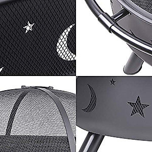 Wostore 36 inch Star&Moon Outdoor Fire Pit Bronze Cauldron Camping Bonfire Patio Backyard Fireplace with Spark Screen and Poker Wood Burning Firebowl Marshmallow Roasting Campfire Black