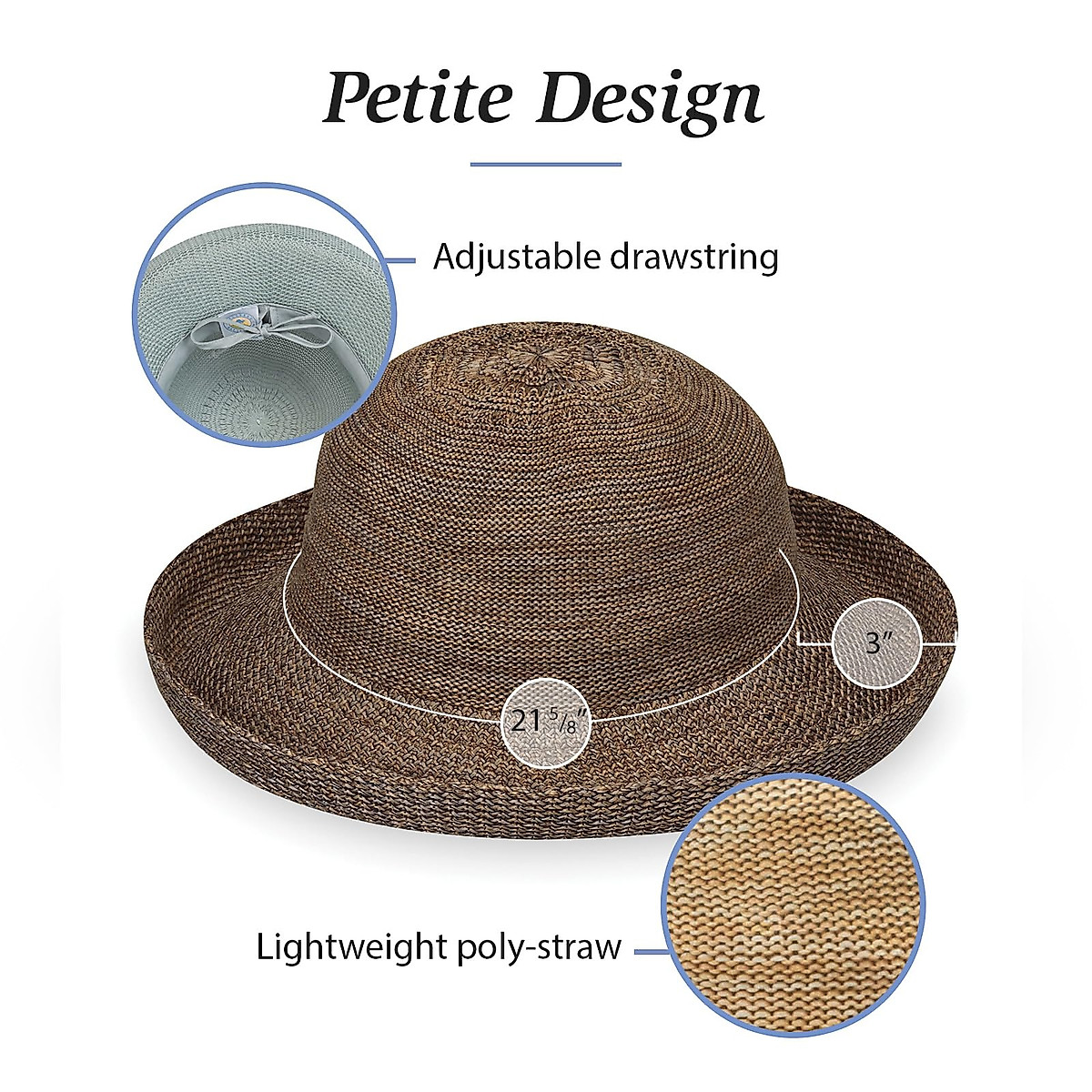 Wallaroo Hat Company Women’s Petite Victoria Sun Hat – Packable Design and Adjustable Sizing for Smaller Crown Sizes – Sophisticated Style for Parties, Beach and Outdoor Events (Mixed Camel)