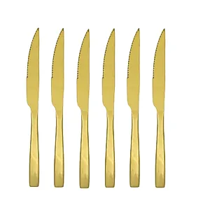 Keiwhsly Gold Serrated Steak Knife Set of 6, 9.1 Inche Stainless Steel Dinner Table Knives Dinnerware Set for Cutting Meat, Beef, Dishwasher Safe