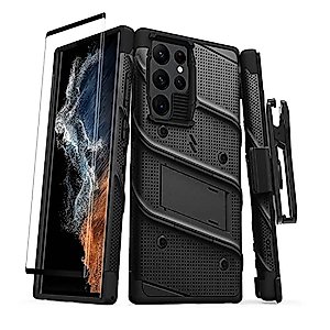 ZIZO Bolt Bundle for Galaxy S22 Ultra Case with Screen Protector Kickstand Holster Lanyard - Black