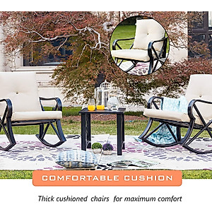 LOKATSE HOME 3-Piece Outdoor Patio Rocking Steel Furniture Bistro Set with 2 Rocker and 1 Metal Square Coffee Table(Khaki Thickened Cushion)