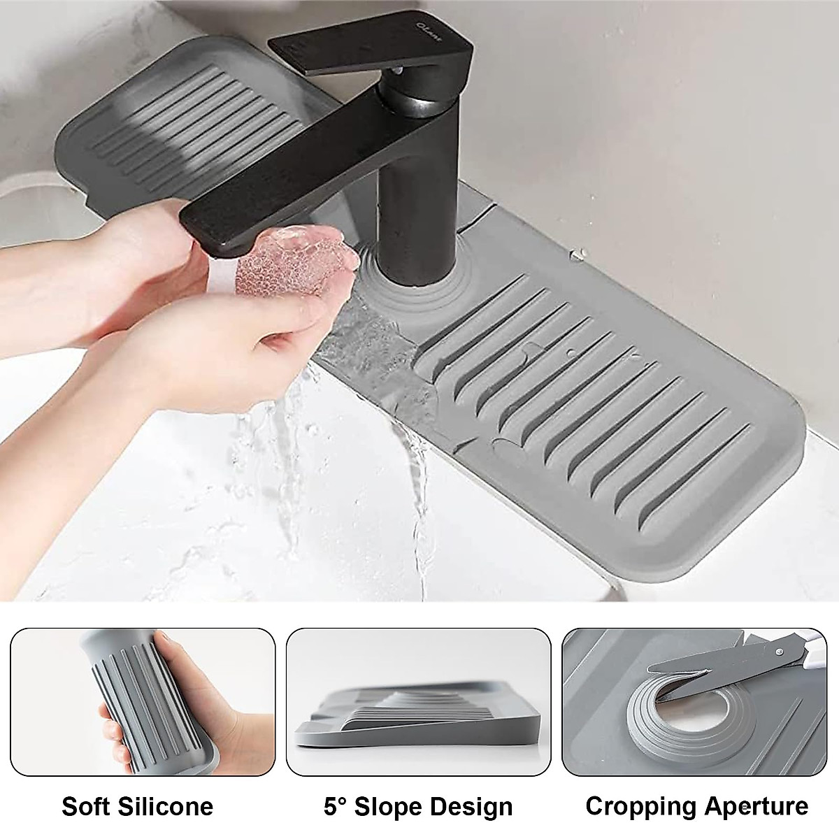 Kitchen Sink Splash Guard, Silicone Draining Mat for Kitchen Sink Sponge Holder Drying Mat for Kitchen Counter Faucet Handle Drip Catcher Tray Mat Sink Accessories Gadgets for Kitchen Bathroom - Grey