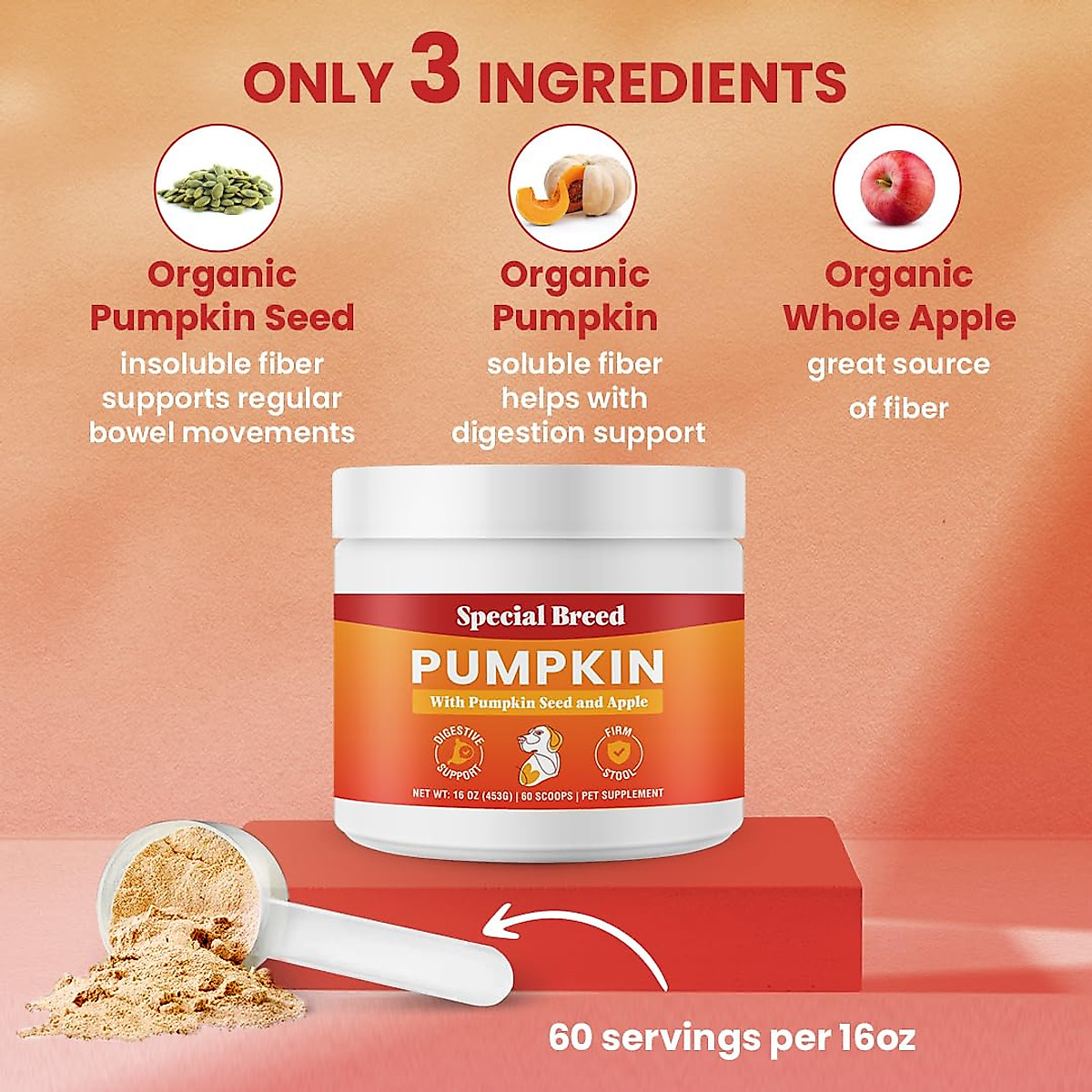 3-in-1 Pumpkin Powder for Dogs (16 oz) - with Organic Pumpkin, Pumpkin Seed, & Apple, All Natural Dog Digestive Support, Great Balance of Soluble and Insoluble Fiber for Dogs, 60 Scoops