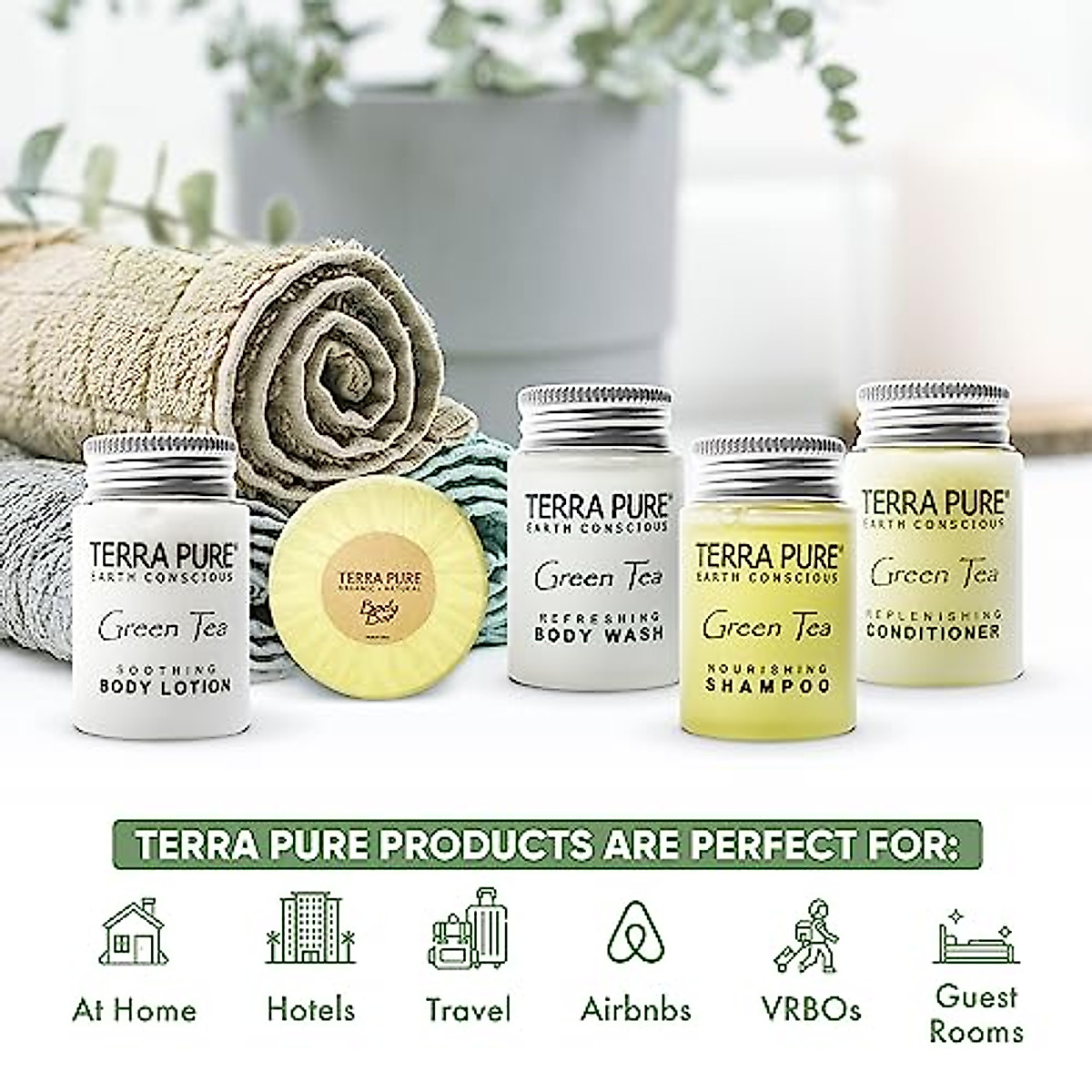 Terra Pure Hotel Soaps and Toiletries Bulk Set | 1-Shoppe All-In-Kit Amenities for Hotels | 1oz Hotel Shampoo & Conditioner, Body Wash, Body Lotion & 1.25oz Bar Soap Travel Size Toiletries | 75 Pieces