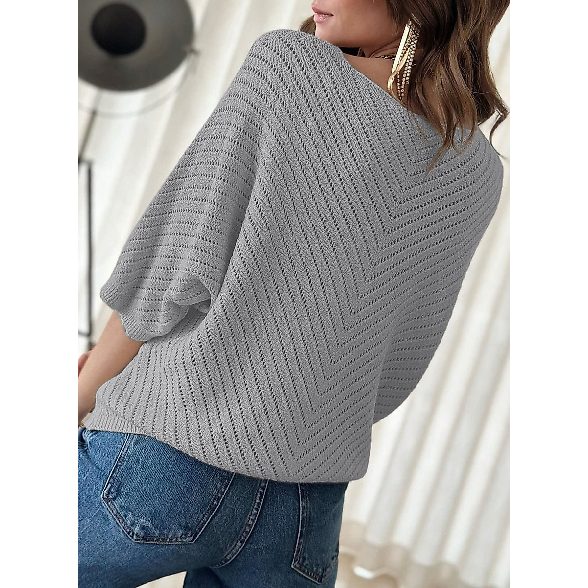 Dokotoo Womens Ladies Summer Fall V Neck 3/4 Short Sleeve Loose Pullover Knit Sweater Tunic Tops and Blouses Solid Color Casual T-Shirts Work Business Loose Shirts Grey Small