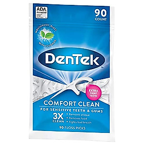 DenTek Comfort Clean Floss Picks for Sensitive Teeth, Soft and Silky Ribbon, 90 Count Each (Pack of 2)