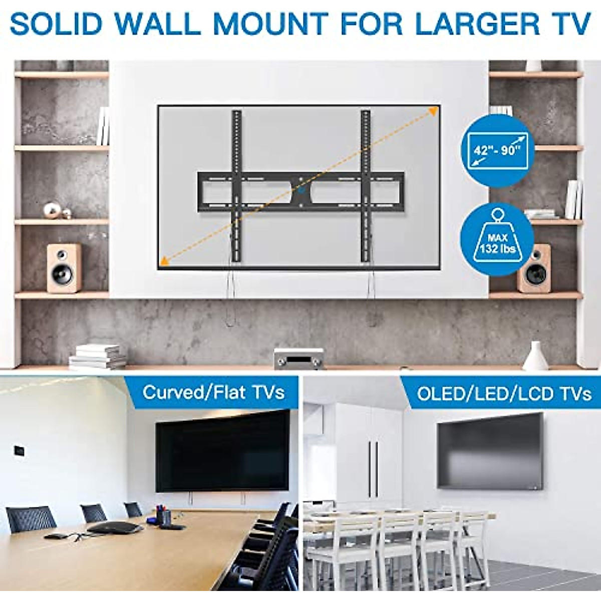 Pipishell Low Profile Fixed TV Wall Mount Bracket Ultra Slim for Most 42-90 Inch LCD OLED QLED 4K Plasma Flat Curved Screen TVs up to132lbs Max VESA 800x600mm, Fits 16", 18", 24" Wood Studs