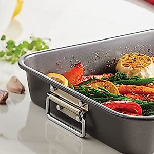 Farberware Bakeware Nonstick Steel Roaster with Flat Rack, 11-Inch x 15-Inch, Gray