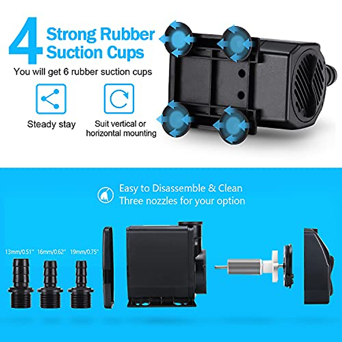 CWKJ Fountain Pump, 880GPH Submersible Water Pump, Durable 60W Outdoor Fountain Water Pump with 6.5ft Power Cord, 3 Nozzles for Aquarium, Pond, Fish Tank, Water Pump Hydroponics, Backyard Fountain