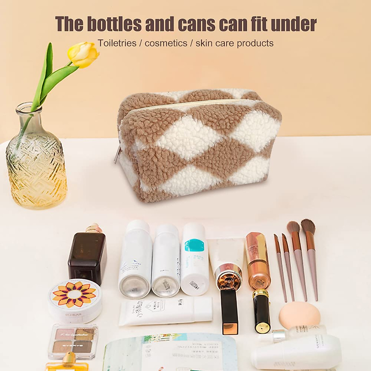 Cessfle Terry Cloth Small Makeup Bag, Checkered Plush Cosmetic Asthetic Plaid Handbags, Cute Zipper Travel Toiletry Soft Storage Pouch for Women