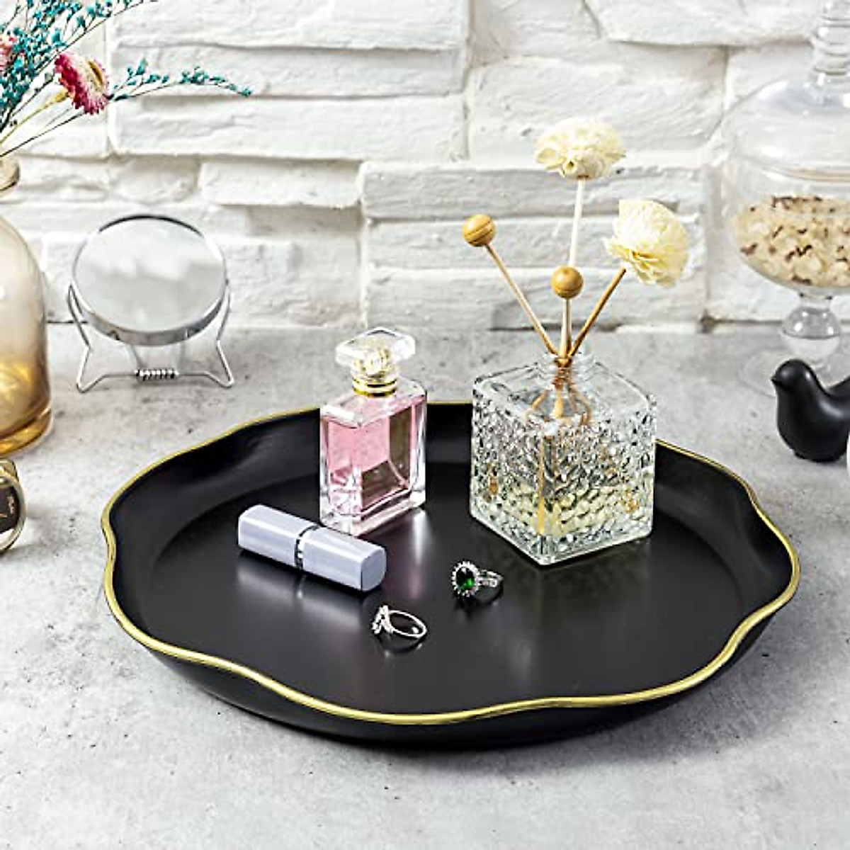 MyGift Modern Art Deco Matte Black Metal & Brass Tone Rim Serving Platter w/Scalloped Edges - 12-Inch Round Vanity Tray Display - Handcrafted in India