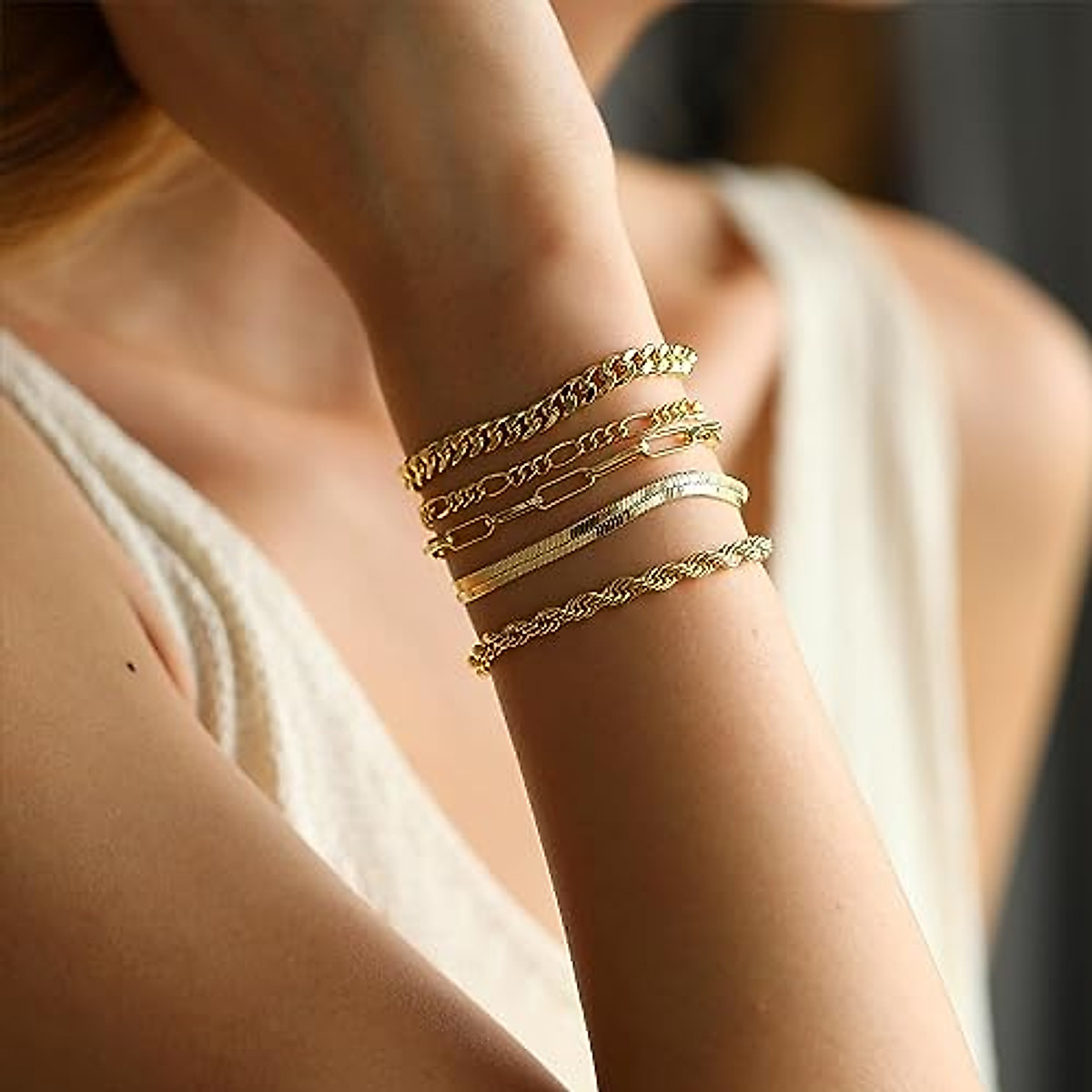 Poxtex Gold Bracelets for Women, 14K Gold Dainty Waterproof Adjustable Bracelets for Women Trendy, Gold Jewelry Sets Inclued Beaded, Cuban, Paperclip, Herringbone, Rope, 7"+2" Extender Chain