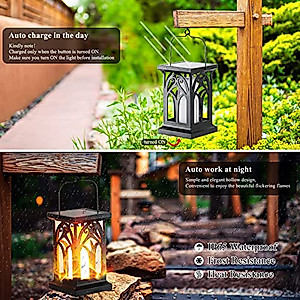 Tewei Solar Wall Lantern Outdoor Hanging Solar Lights, Flickering Flame Waterproof Solar Wall Sconce 3-Lighting Mode, Hanging Solar Lamps Patio Light Fixture for Fence Porch and Yard, 2 Pack