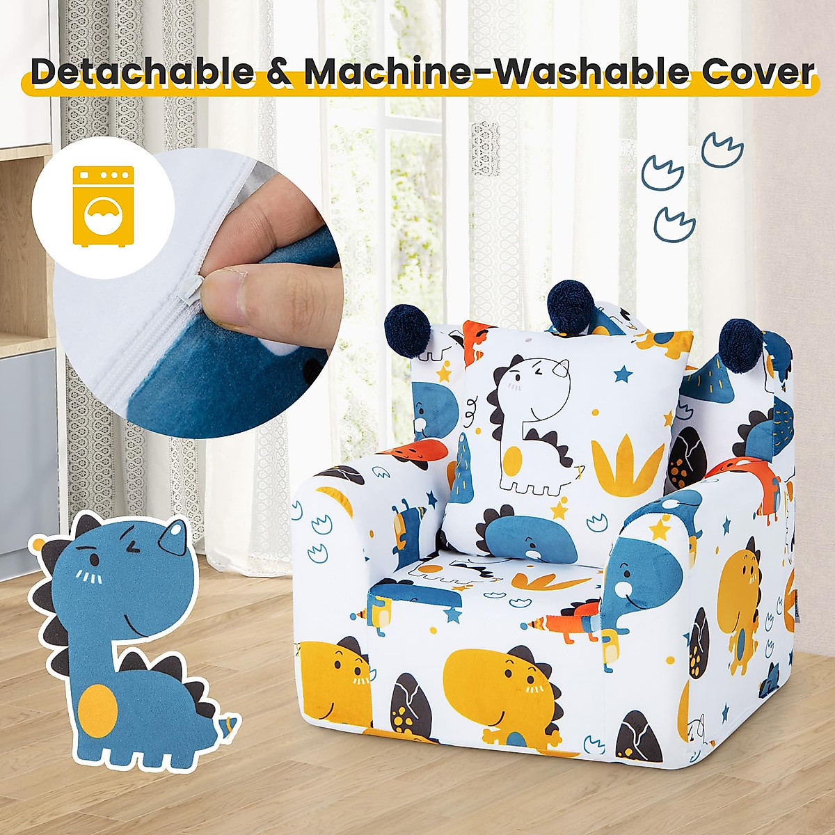 Costzon Kids Couch, Foam Filled Children's Sofa Armchair with Padded Pillow, Washable Velvet Cover & Soft Sponge Filling, Upholstered Sofa Chair Gift for Preschool, Playroom, Toddler Couch (Dinosaur)