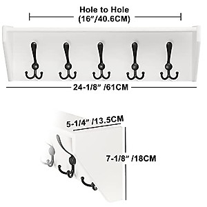 Dseap Wall Shelf with 5 Tri Hooks, 24" Heavy Duty Coat Rack Wall Mount with Shelf, Shelf with Hooks Underneath for Entryway, Mudroom, Kitchen, Bathroom, White & Black,D02ZT24WHT1