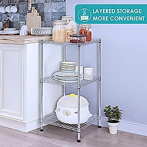 3 Tier Adjustable Wire Shelf with Wheels, 3 Tier Mobile Metal Storage Shelves with NSF Certified, Chrome Wire Rack Shelving Unit, 200Lbs Capacity, 14"D X 14"W X 28"H, For Kitchen, Pantry, Laundry