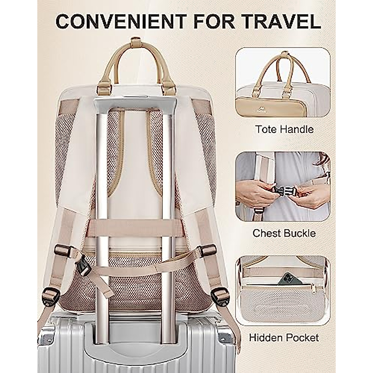 Carry on Backpack for Women, 52L TSA Travel Laptop Backpack with USB Port & Shoes Compartment Fits 17 inch Computer, Extra Large Expandable Flight Approved Weekender Bag with 2 Packing Cubes, Beige