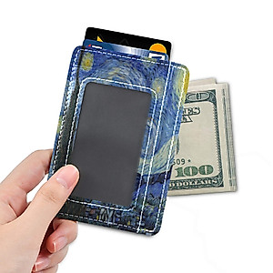 Linomo Thin leather Card Holder and Money Clip Van Gogh Starry Night Art Painting Wallet RFID Blocking for Men & Women