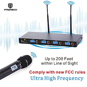 PRORECK MX44 4-Channel UHF Wireless Microphone System with 4 Hand-held Microphones Karaoke Machine for Party/Wedding/Church/Conference/Speech