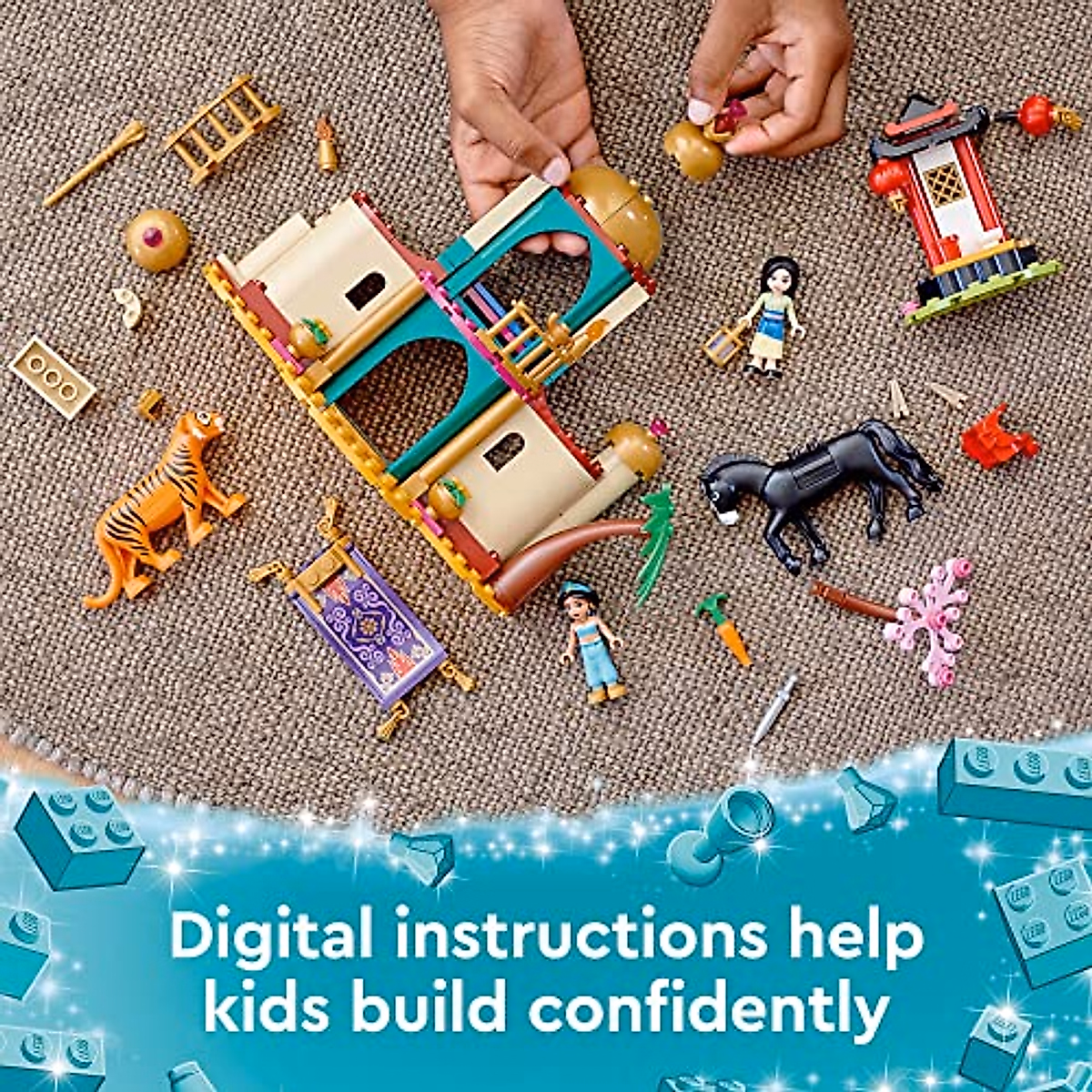 LEGO Disney Princess Jasmine and Mulan Adventure 43208 Palace Set, Aladdin & Mulan Buildable Toy with Horse and Tiger Figures, Gifts for Kids, Girls & Boys