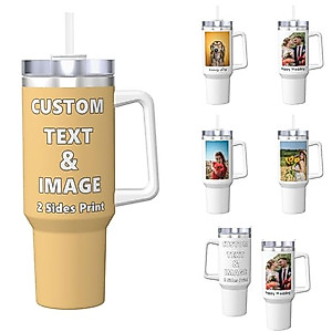 Custom 40oz Tumblers with Handle Personalized with Name Photo Text Logo Travel Cup Customized Christams Fathers Mothers Day Gifts For Mom Dad Friends, Beige