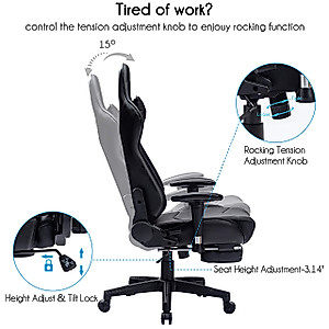 KCREAM Gaming Chair with Footrest Adults Gamer Chair High Back PU Leather Gaming Computer Chair Large Racing Game Chair, with Adjustable Armrests and Massage Lumbar Support (Black)