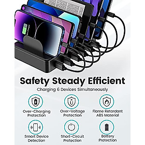 CREATIVE DESIGN Charging Station, 50W 6 Ports Multi Charger Station with 6 Charging Cables, Charging Dock for Multiple Devices, Compatible with Cellphone iPad Kindle Tablet and Other Electronic