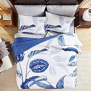 WRENSONGE Floral Duvet Cover Queen, 3 Pcs Navy Blue Flowers and Leaves Printed Comforter Cover with Zipper Corner Ties, Microfiber Duvet Cover Bedding Set for All Season, Soft, Breathable, Durable
