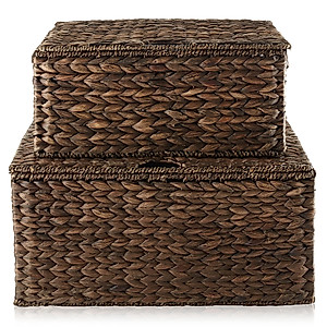 Casafield Set of 2 Water Hyacinth Rectangular Storage Baskets with Lids (Medium/Large), Multipurpose Decorative Shelf Organization Totes for Bedroom, Bathroom, Laundry, Home Office
