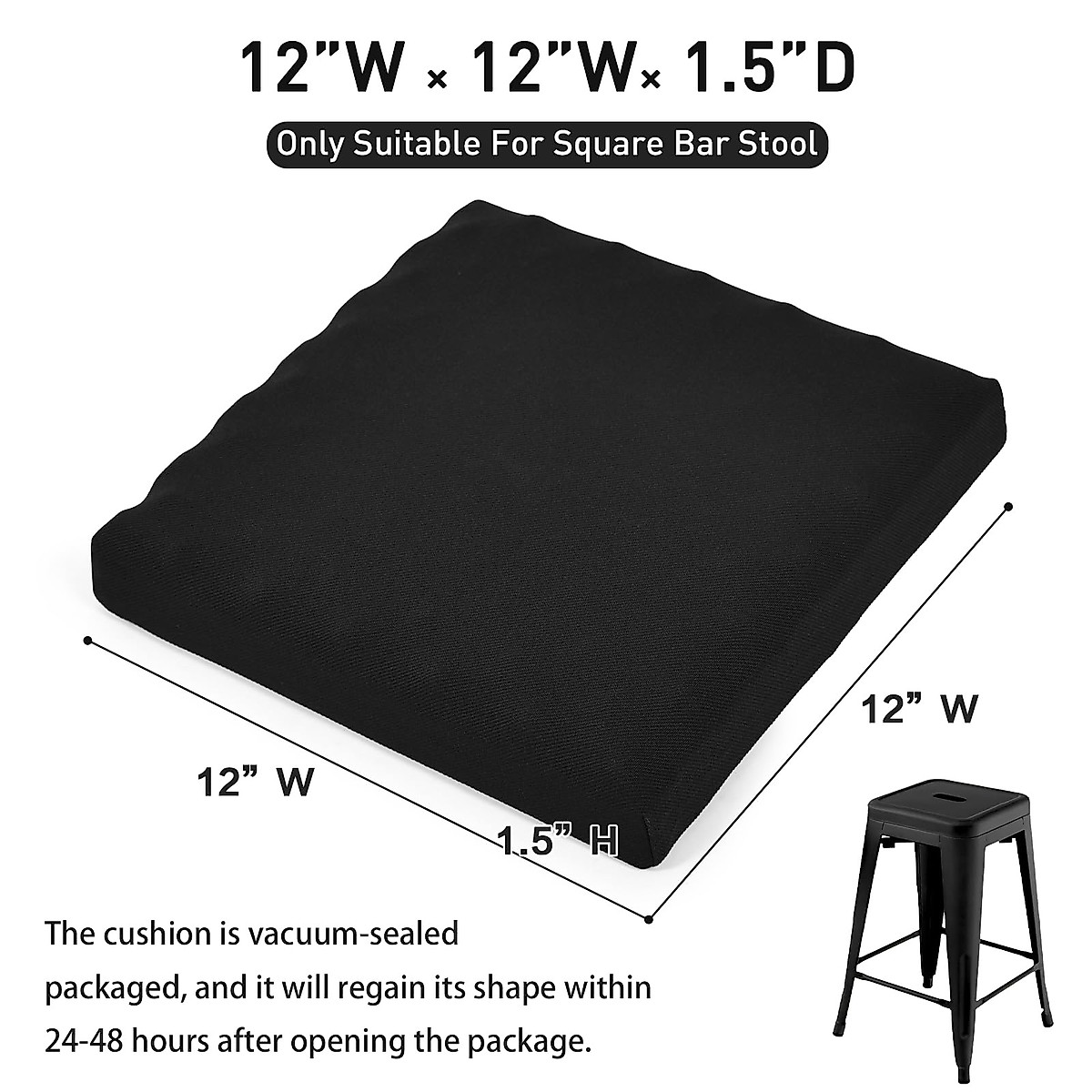 baibu 12 Inches Non Slip Stool Cushion Square, Soft Bar Stool Cushion with Ties Square Seat Cushion for Stackable Kitchen Stools - One Pad Only, Black (12'' (30CM))