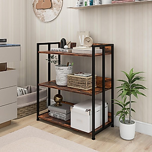 GOFLAME 3-Tier Bookshelf, Tall Bookcase Shelf with Metal Frame, Industrial Floor Storage Shelf Organizer, DIY Shelving Unit Display Rack for Study, Living Room, Kitchen, Rustic Brown