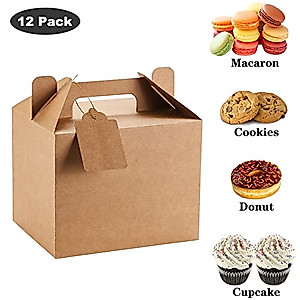 12 Pack Brown Treat Boxes, Kraft Paper Party Favor Boxes Gable Boxes Gift Boxes for Kids' Birthday Party, Wedding, Baby Shower, with Tag 7 x 5.5 x 5.5 Inches